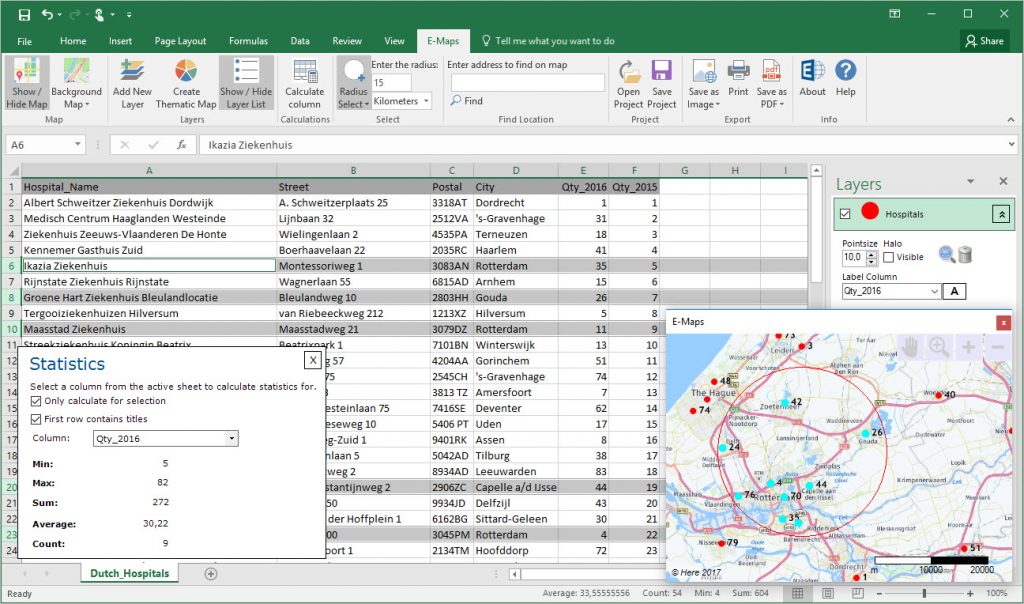 Statistics of the selection - Excel E-Maps