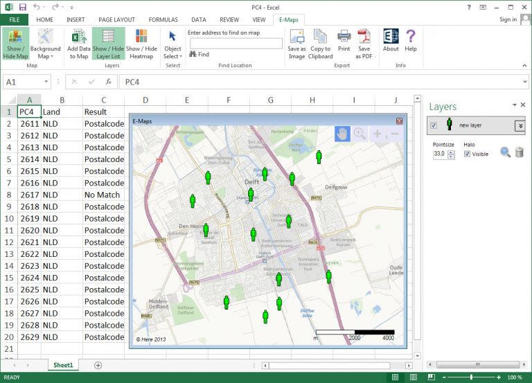 Postcode 4 geocoderen in Excel - E-Maps