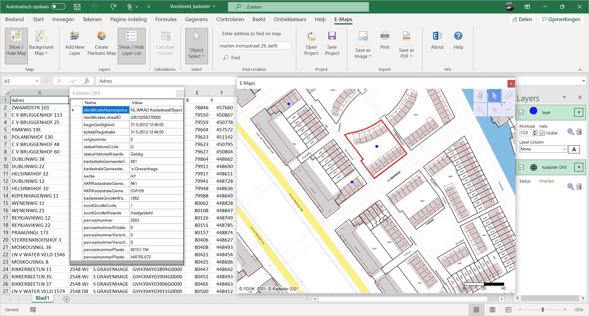 De Kadastrale Kaart (DKK) in Excel E-Maps